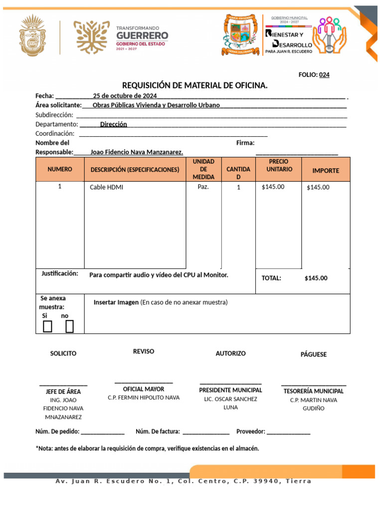 Hoja de Requisicion de Oficina. Hdmi | PDF