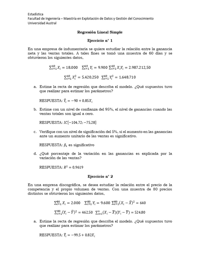Práctica - Regresión Lineal Simple | PDF | Regresión lineal | Análisis de regresión