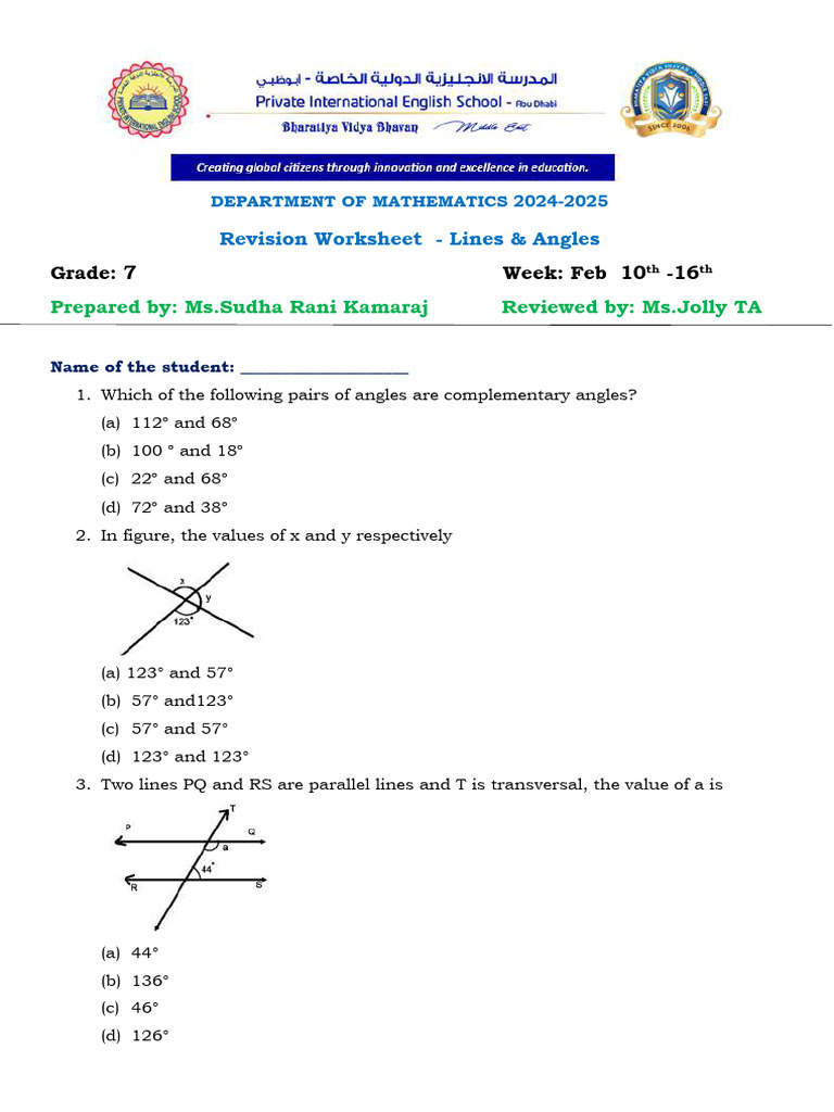 Lines Angles - AE Revsion Worksheet | PDF | Angle | Elementary Geometry