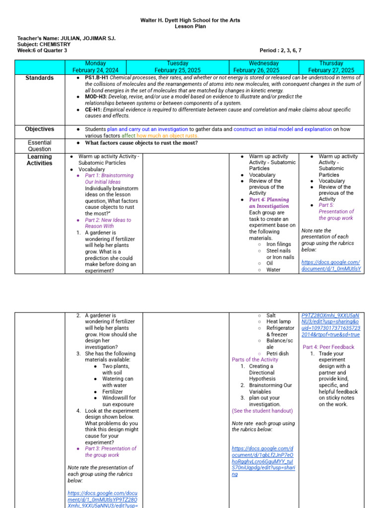 Chemistry Lesson Plan: Rust Investigation | PDF | Molecules | Experiment