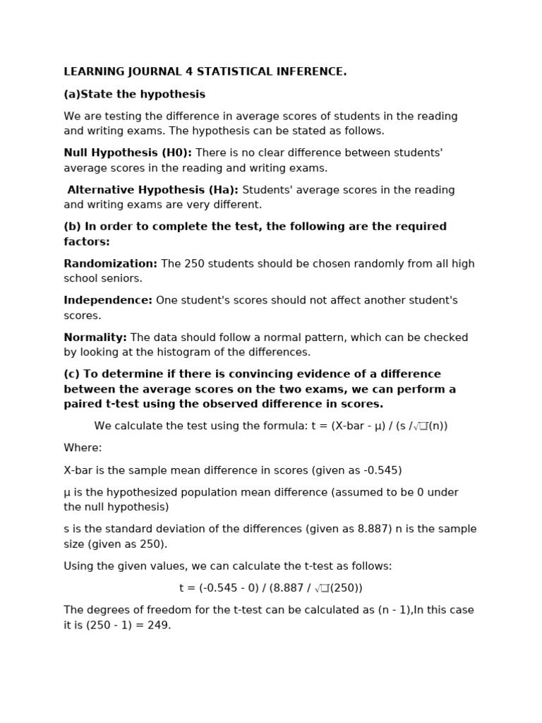 Learning Journal 4 Statistical Inference | PDF | Student's T Test | P Value