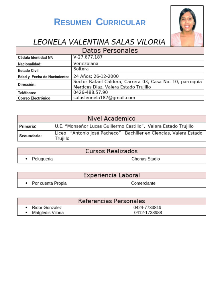Currículum de Leonela Salas Viloria | PDF