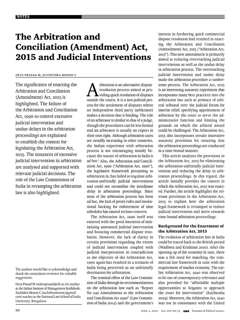 The Arbitration and Conciliation (Amendment) Act, 2015 and Judicial Interventions | PDF ...