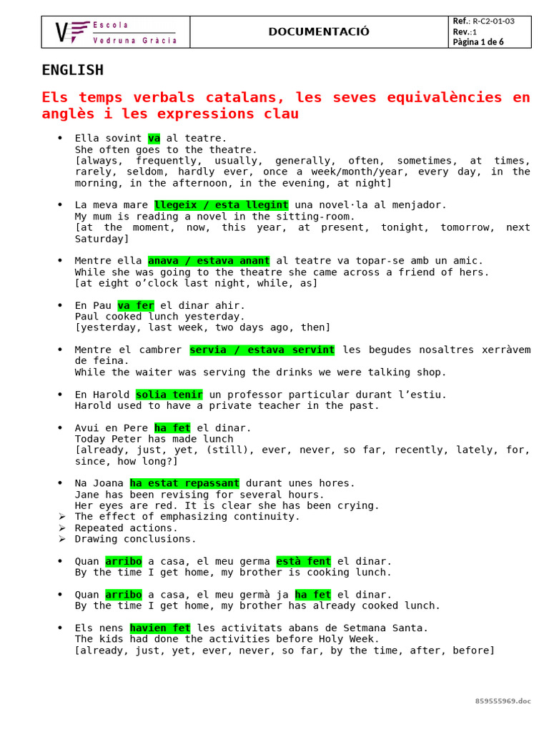 2015 2016 Batxillerat Equivalencies Temps Verbals Catala Angles November 2015 | PDF
