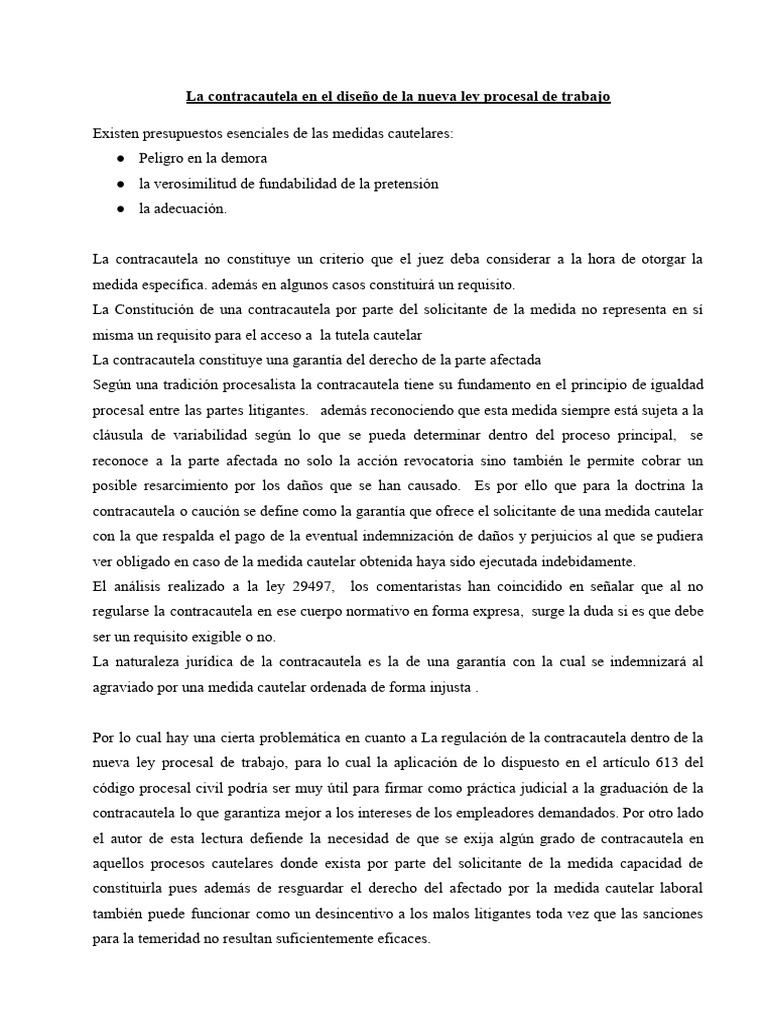 La contracautela en la ley laboral | PDF | Mandato | Ley procesal
