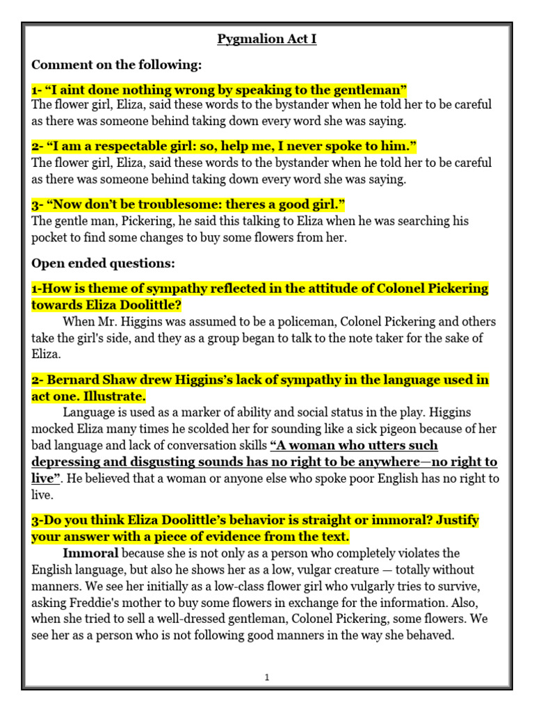 Pygmalion Presentation Question | PDF | Pygmalion (Play)