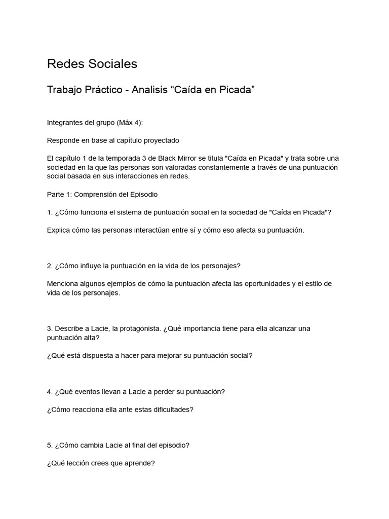 Trabajo Práctico - Redes Sociales - Caída en Picada | PDF | Red social | Autoestima