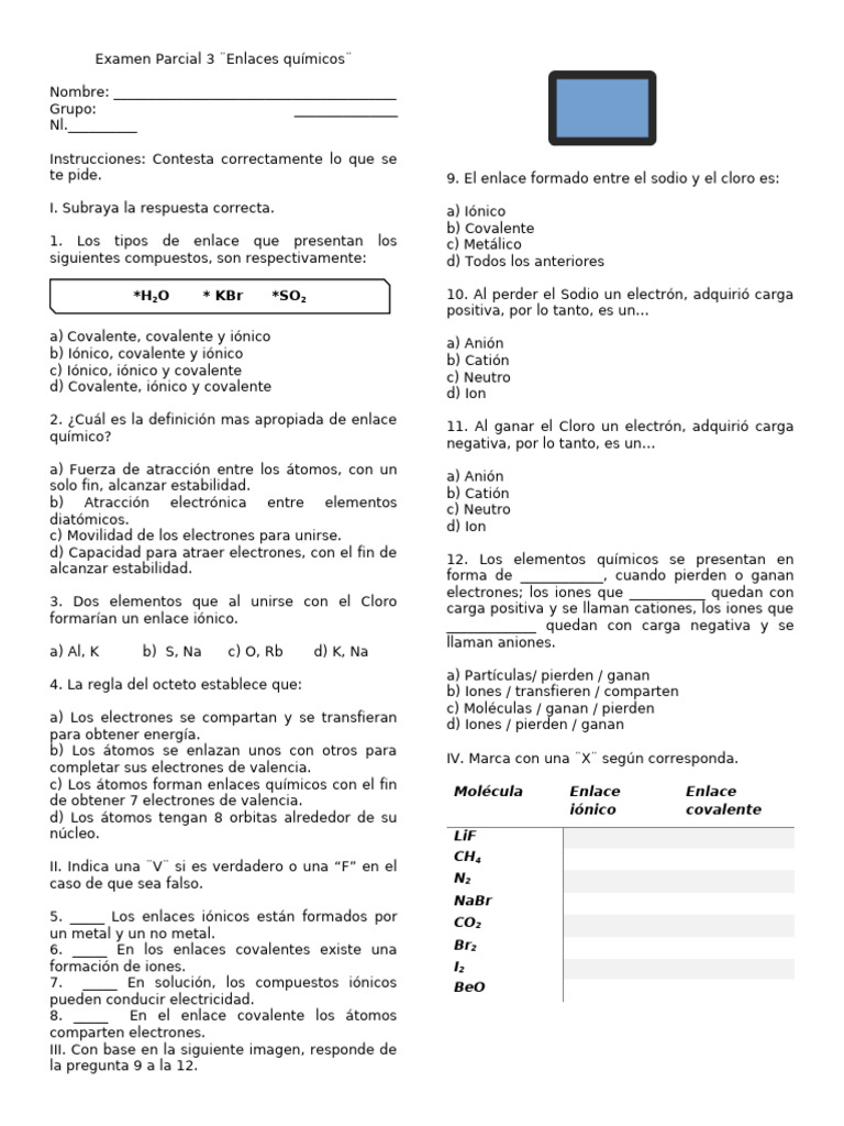Examen Parcial 3 ENLACES QUIMICOS | PDF | Enlace iónico | Enlace químico