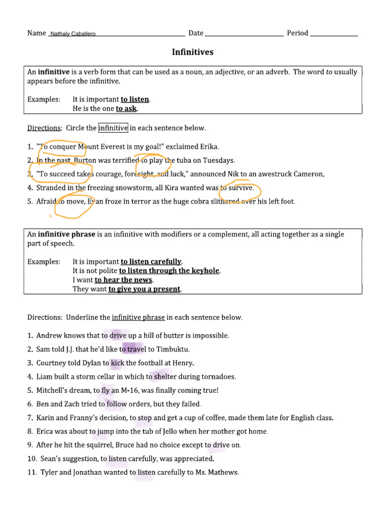 Homework No 20 Infinitive Worksheet | PDF