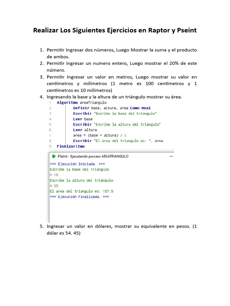 Realizar Los Siguientes Ejercicios en Raptor y Pseint | PDF