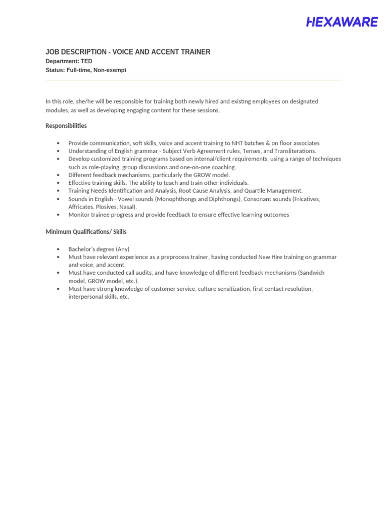 Job Description VnA Trainer | PDF