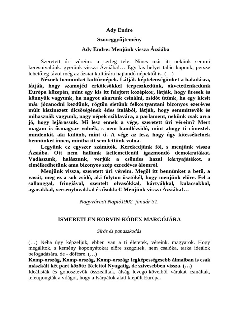 Ady Endre szöveggyűjtemény 2023 | PDF