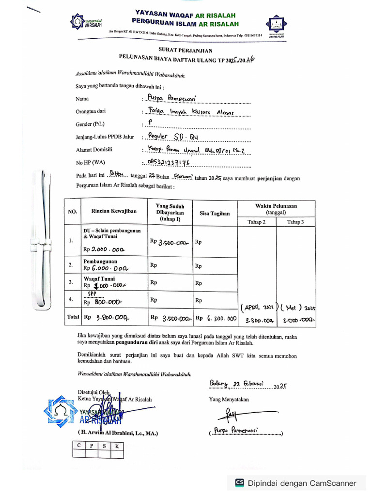 Faiqa Inayah-Perjanjian Daftar Ulang PPDB SD Qu TP 2526 | PDF