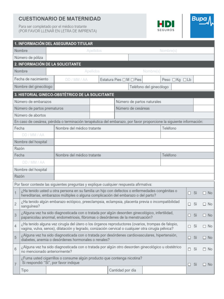 Cuestionario Maternidad Hdi Bupa | PDF | El embarazo | Especialidades ...