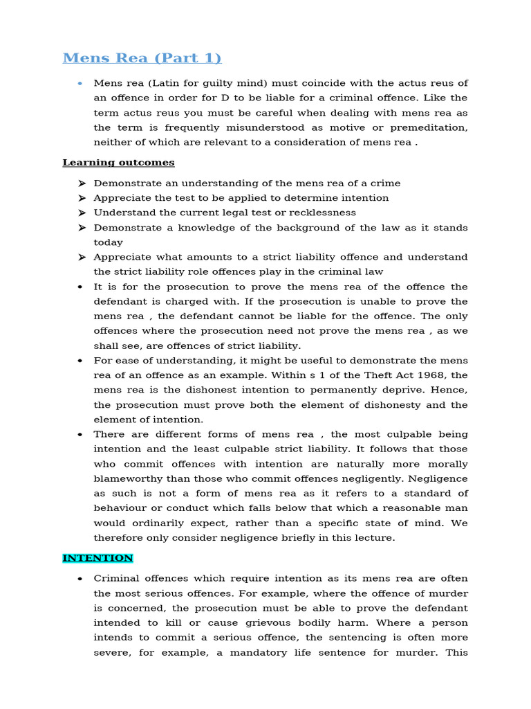 Mens Rea (Part 1) | PDF | Mens Rea | Criminal Law
