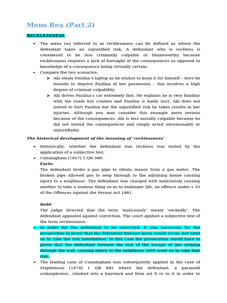 Mens Rea (Part 2) | PDF | Recklessness (Law) | Mens Rea