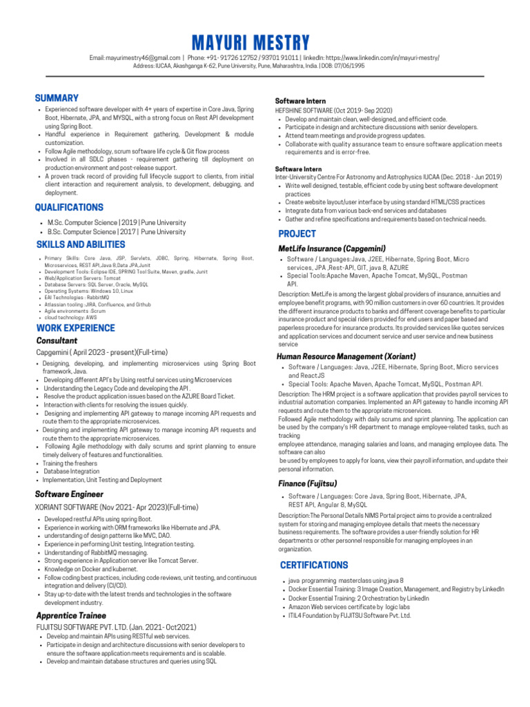 MestryMayuri JAVA Developer | PDF | Java (Programming Language) | My Sql