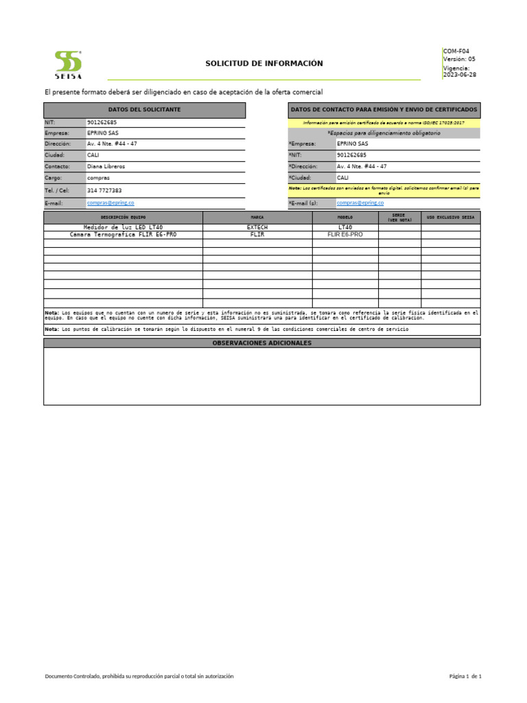 COM-F04 V05 Solicitud de Información Calibración | PDF