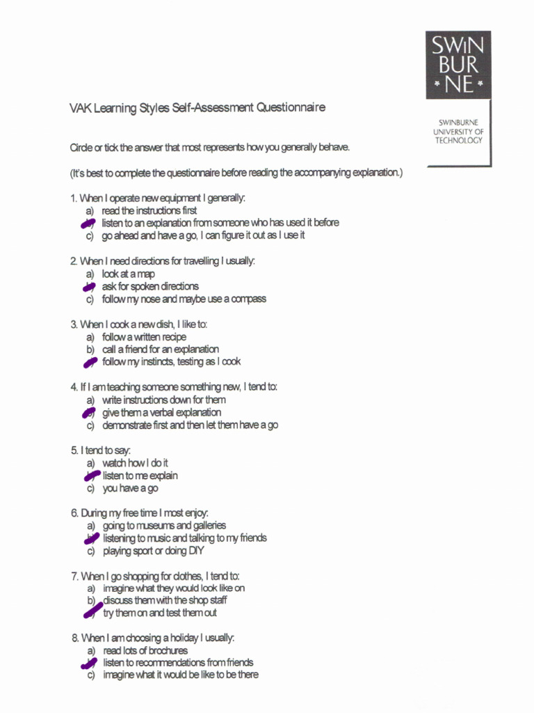 4A - VAK Learning-Style-Assessment - Activemgmt - Com.au | PDF