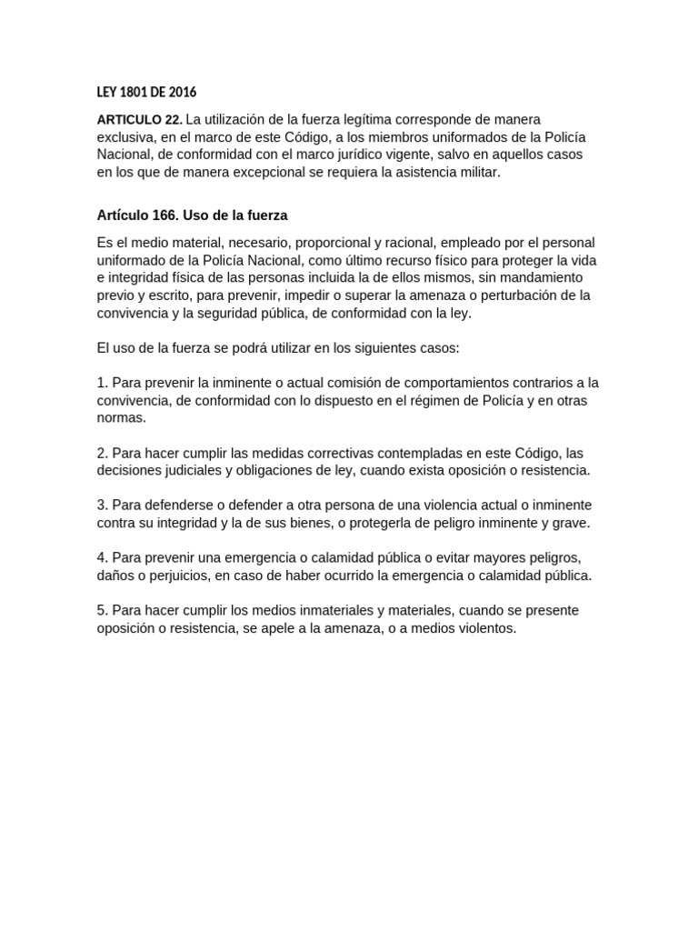 Uso de la Fuerza en la Ley 1801 | PDF