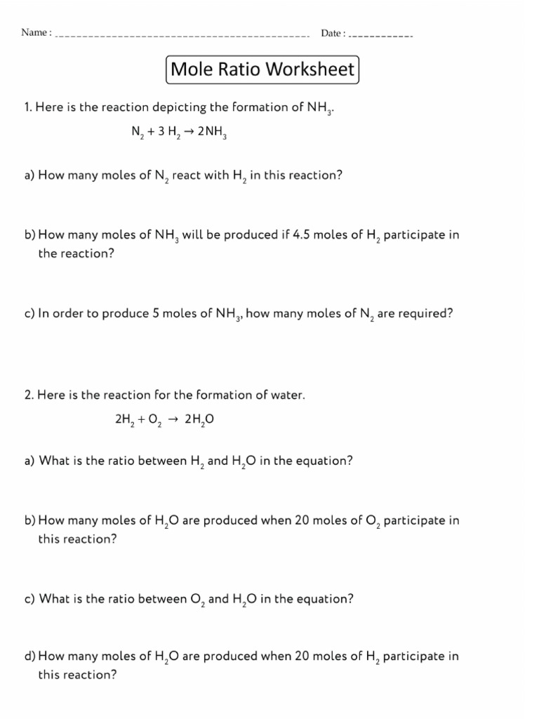 Mole Ratio Worksheet | PDF
