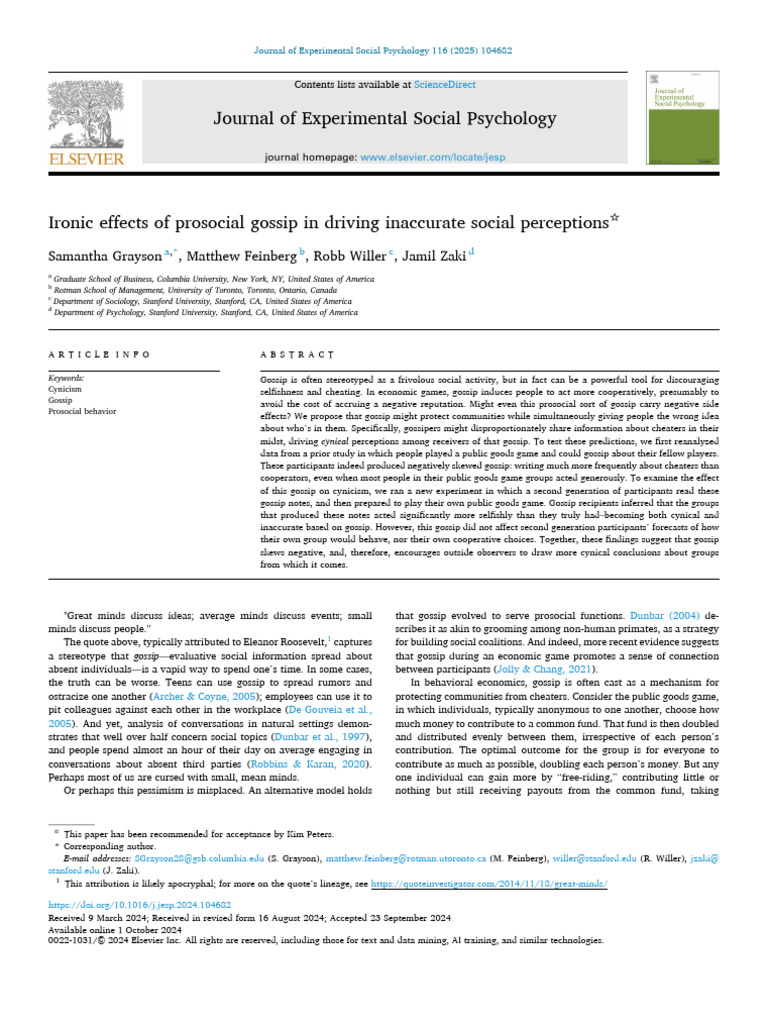 Ironic Effects of Prosocial Gossip | PDF | Behavioural Sciences ...