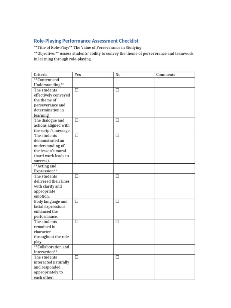 Role Playing Assessment Checklist | PDF