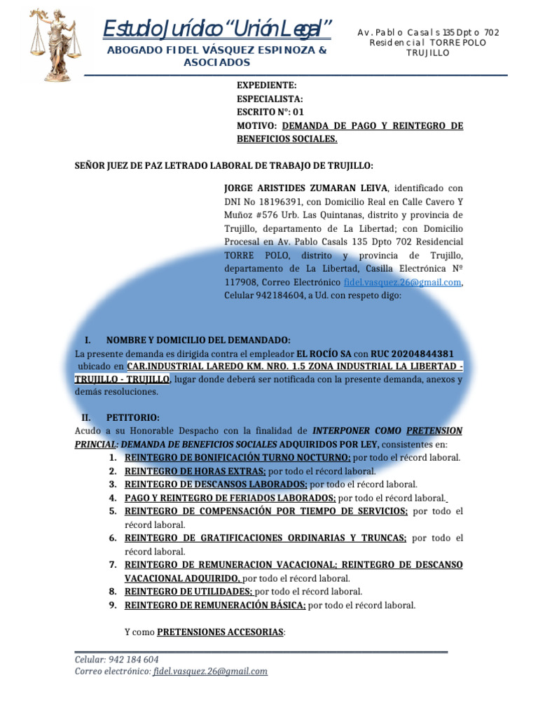 Demanda de Pago de Beneficios Sociales Jorge Aristides Zumaran Leiva | PDF | Derecho laboral ...
