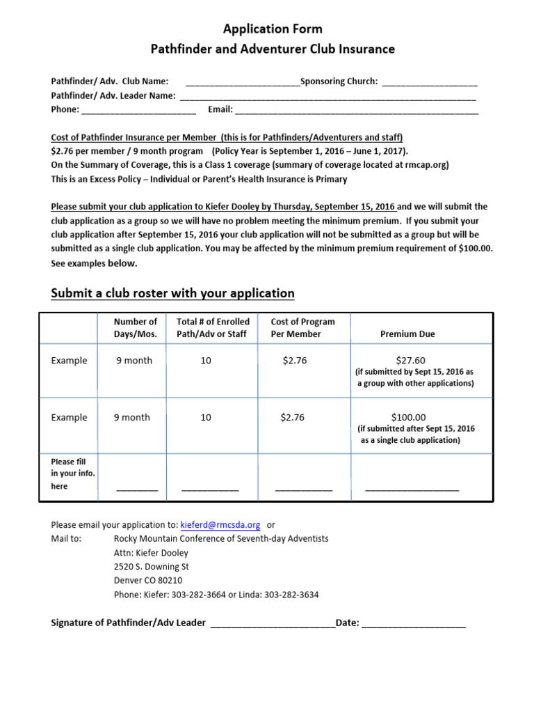 Pathfinder Club Insurance Application Form | PDF | Insurance ...