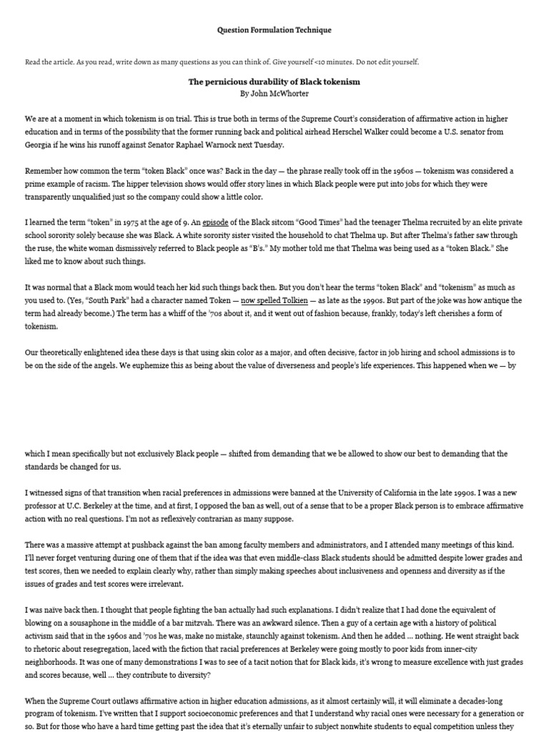 Question Formulation Technique - Individual - Article On Tokenism 24-25 ...