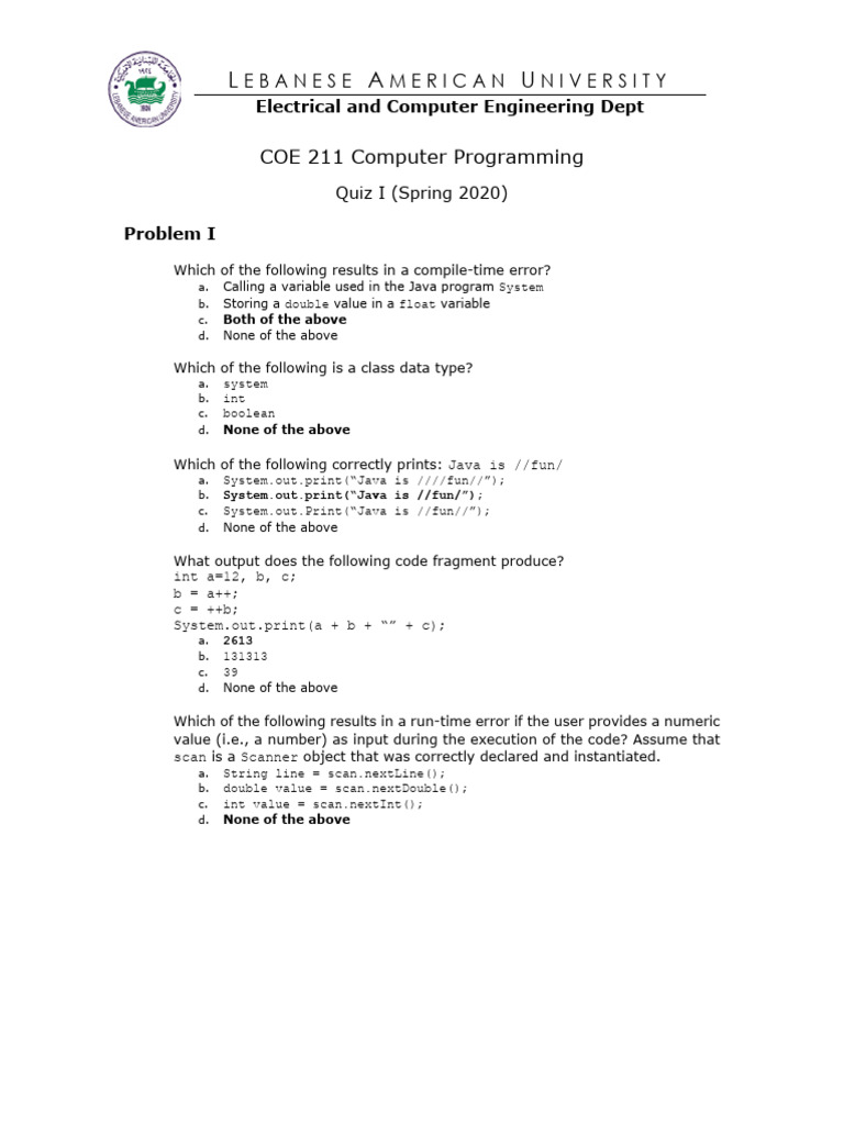 Java Programming Quiz Spring 2020 | PDF