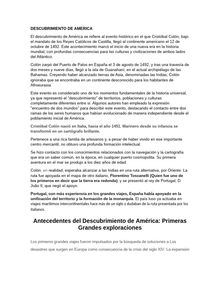 Descubrimiento de América en 1492 | PDF | Cristobal colon