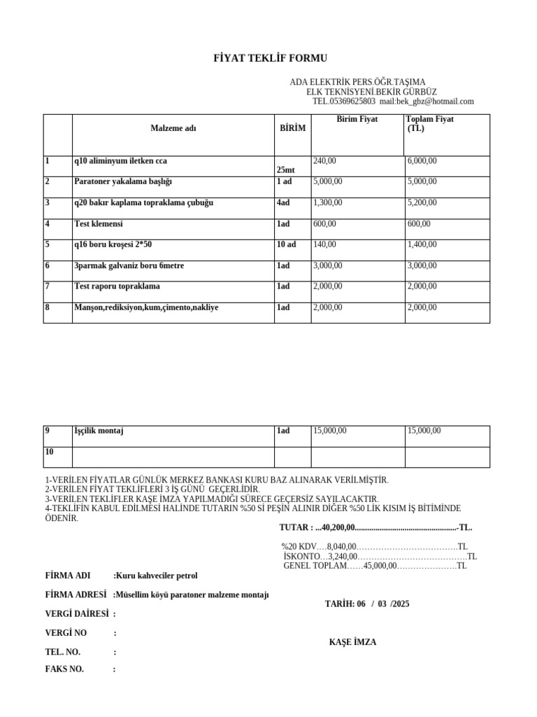 Fiyat Teklif Formu Ornegi | PDF