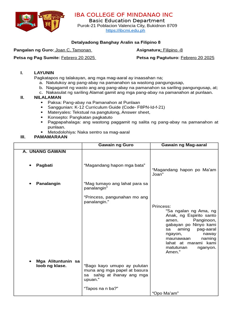 2nd DLP Sa Filipino 8 Pang-Abay | PDF
