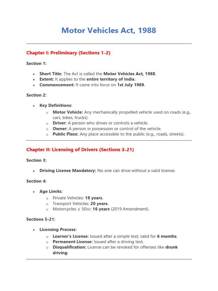 Motor Vehicles Act 1988 Overview and MCQs | PDF | Driver's License ...