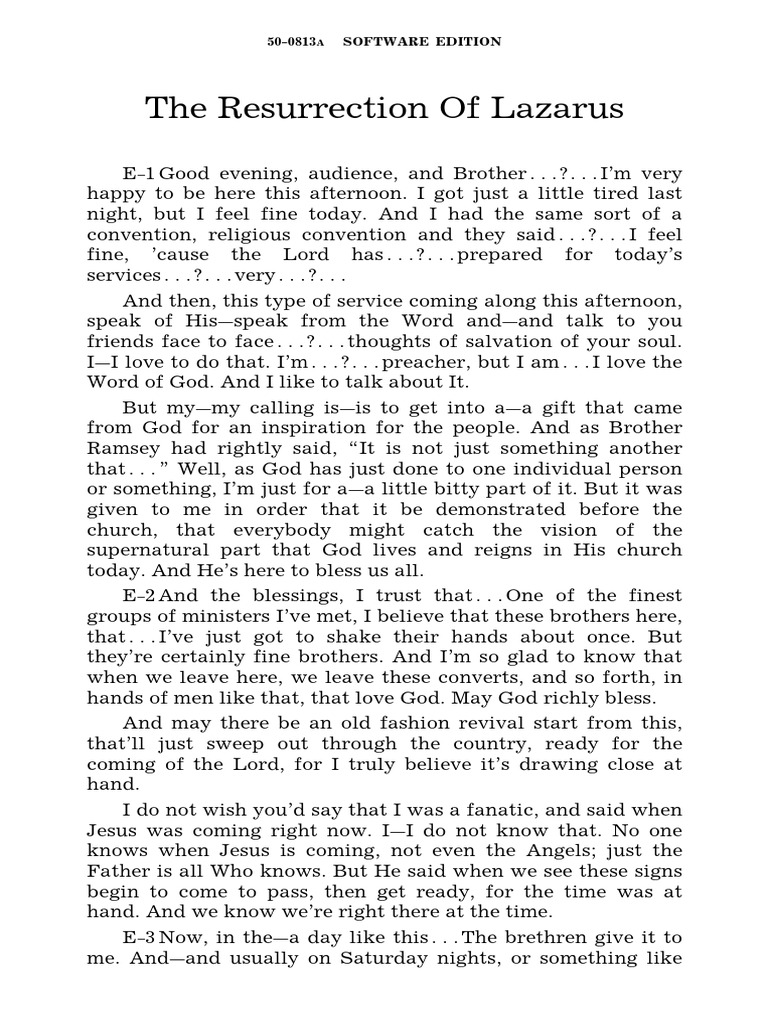 50-0813a The Resurrection Of Lazarus | PDF | Jesus | Elijah