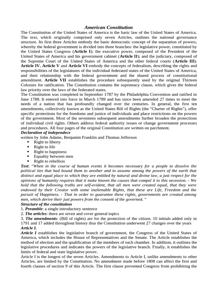 Overview of the U.S. Constitution | PDF | Article One Of The United ...