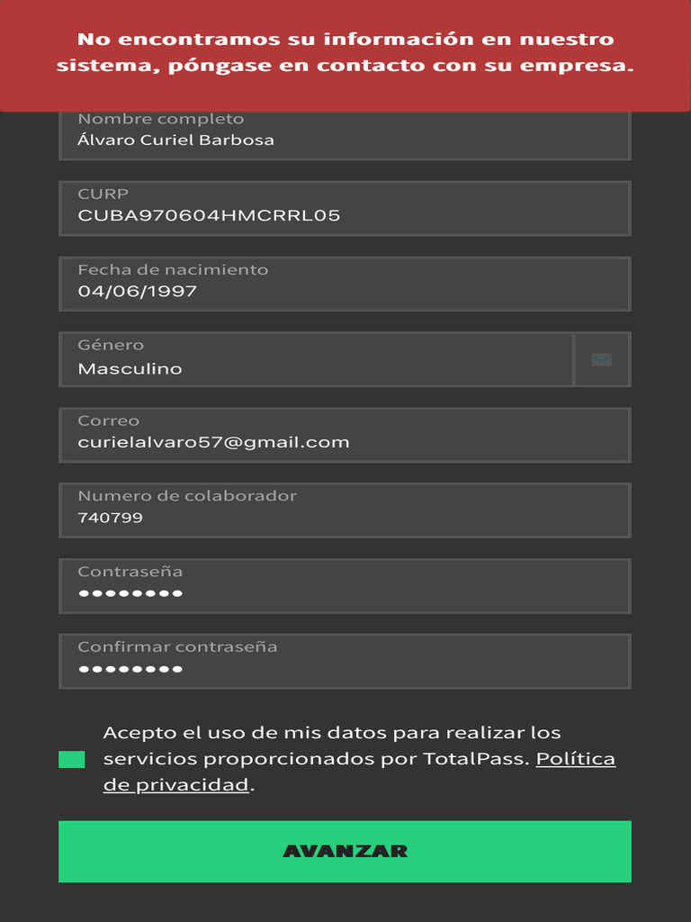 Aceptación de Datos en TotalPass | PDF