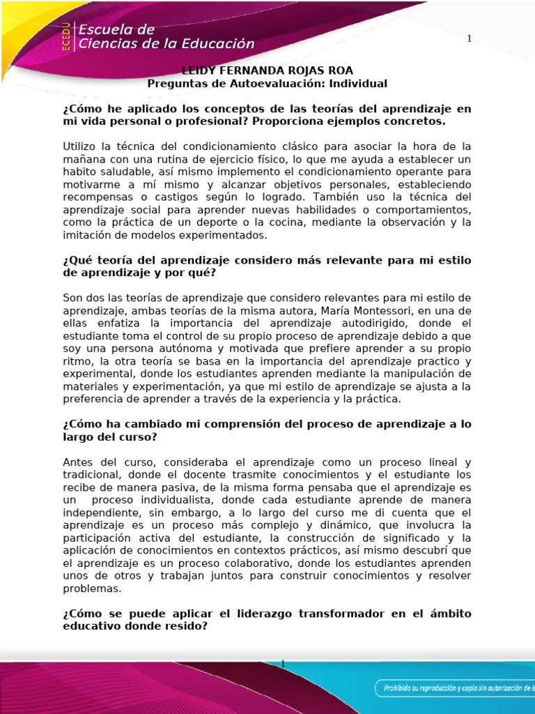Autoevaluacion Leidy Fernanda Rojas Roa | PDF | Aprendizaje | Teoría ...