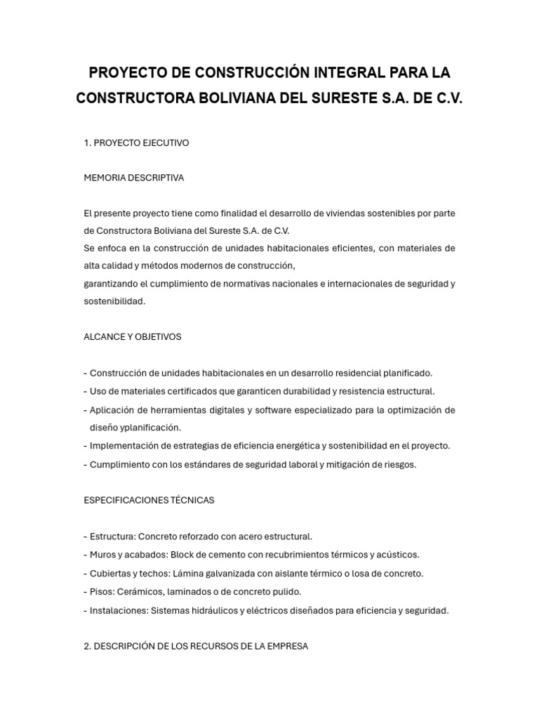 PROYECTO DE CONSTRUCCIÓN INTEGRAL PARA LA CONSTRUCTORA BOLIVIANA DEL SURESTE S | PDF | Hormigón ...