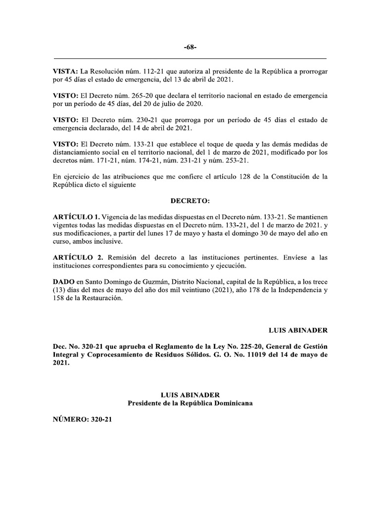 Reglamento de Aplicacion de La Ley Num. 225 20 General de Gestion ...