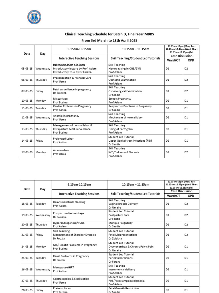 Clinical Teaching Schedule: ObGyn Batch D | PDF | Childbirth | Pregnancy