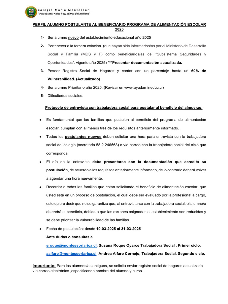 Perfil Alumno Postulante Al Beneficiario Programa de Alimentacion Escolar 2025 | PDF