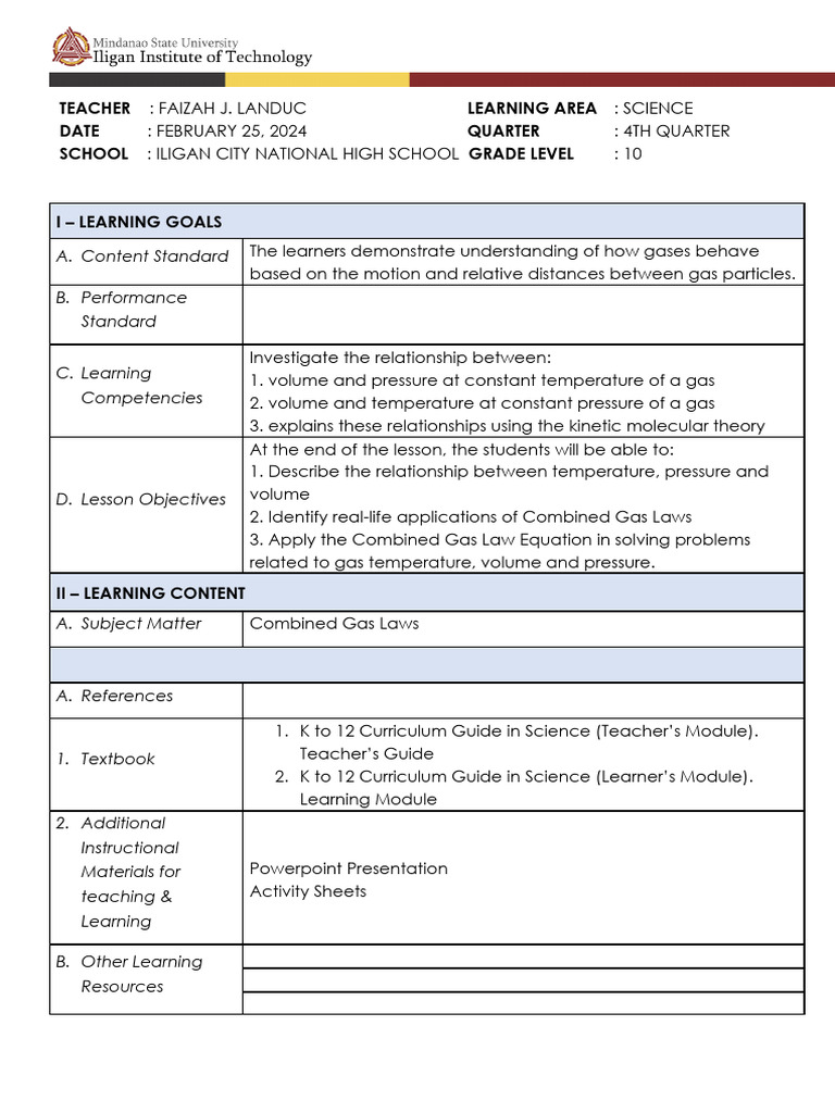 Combined Gas Laws Lesson Plan for Grade 10 | PDF | Gases | Learning