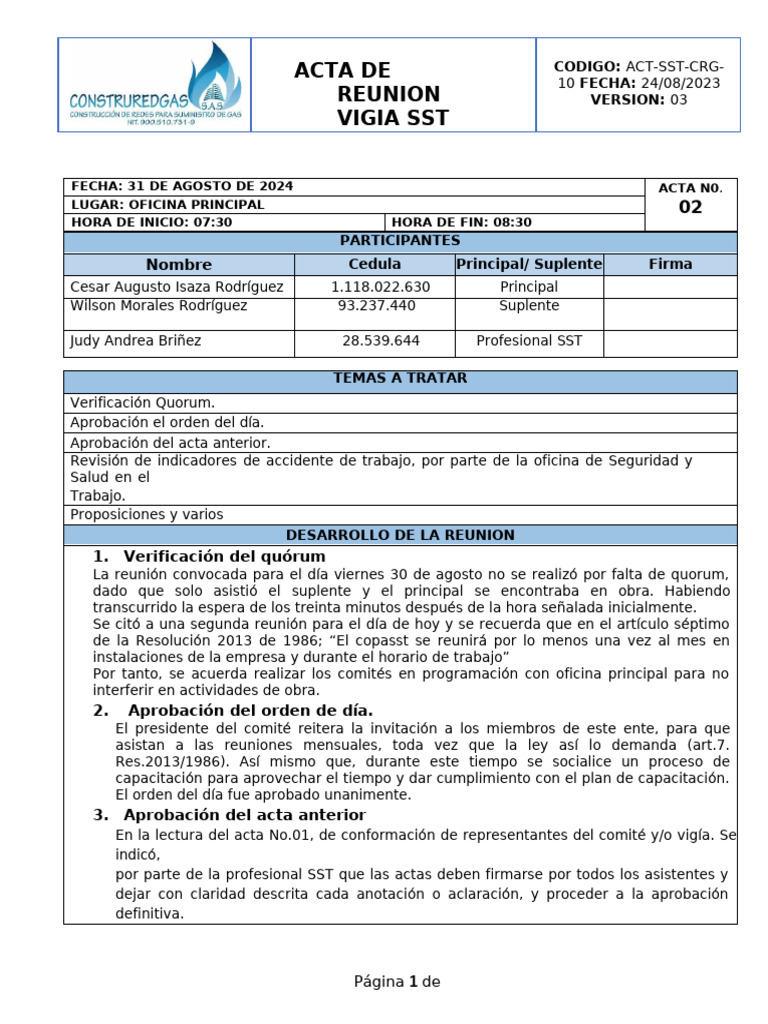 ACT-SST-CRG-10. ACTA DE REUNION VIGIA SST No.2 | PDF
