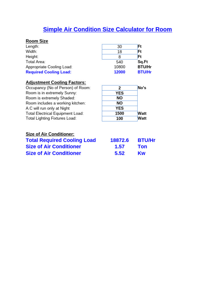 Air Conditioner Size Calculator for Rooms | PDF | Air Conditioning ...