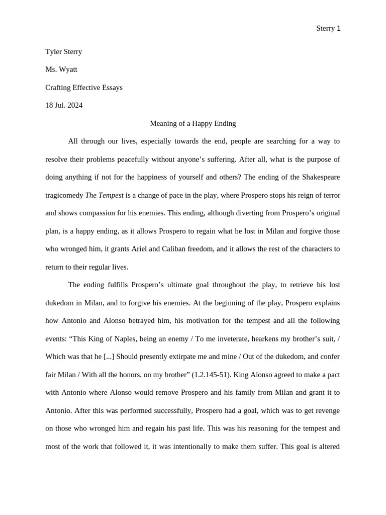 Tyler Sterry - The Tempest Essay - Draft | PDF | The Tempest | Shakespearean Comedies