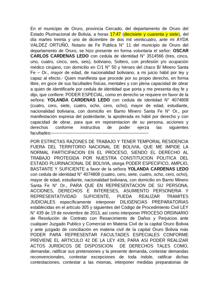 Modelo Testimonio de Poder | PDF | Bolivia | Demanda judicial
