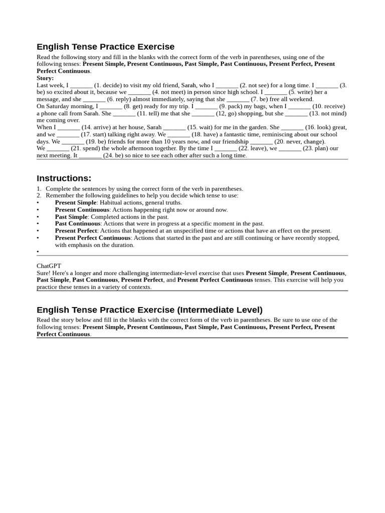 English Tense Practice Exercise | PDF | Linguistics