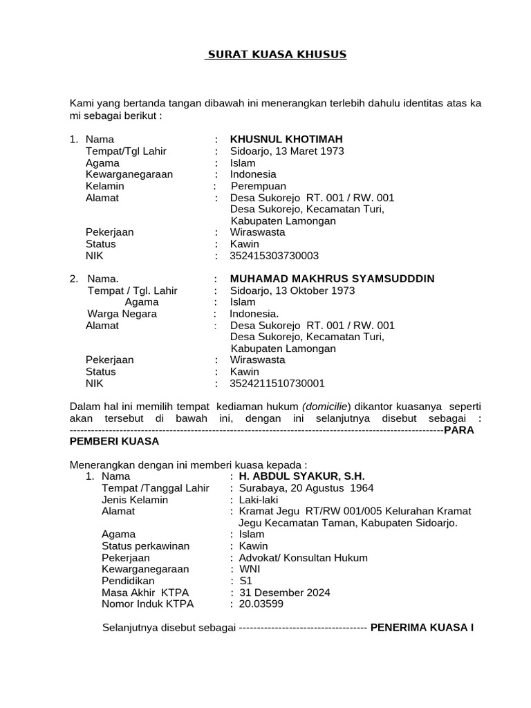 Surat Kuasa Bu Khusnul Khotimah Dan Muhamad Mahkrus - Syamsuddin 01 02 2025 Fix9 | PDF